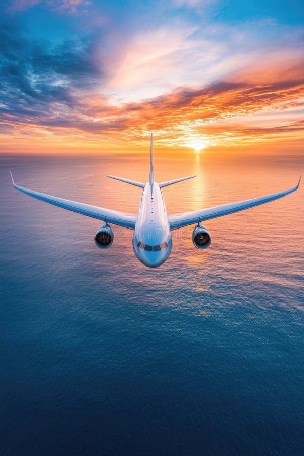 Airplane Over Ocean Sunset stock photo. Image of coastal - 381903512