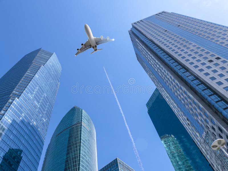 Airplane Over Office Buildings. Stock Image - Image of aircraft, boeing ...