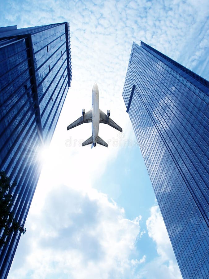Airplane Over Office Building. Stock Image - Image of lifestyle, city ...