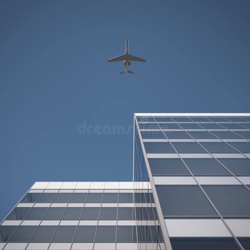 Airplane Over Office Building Stock Photo - Image of render, office ...