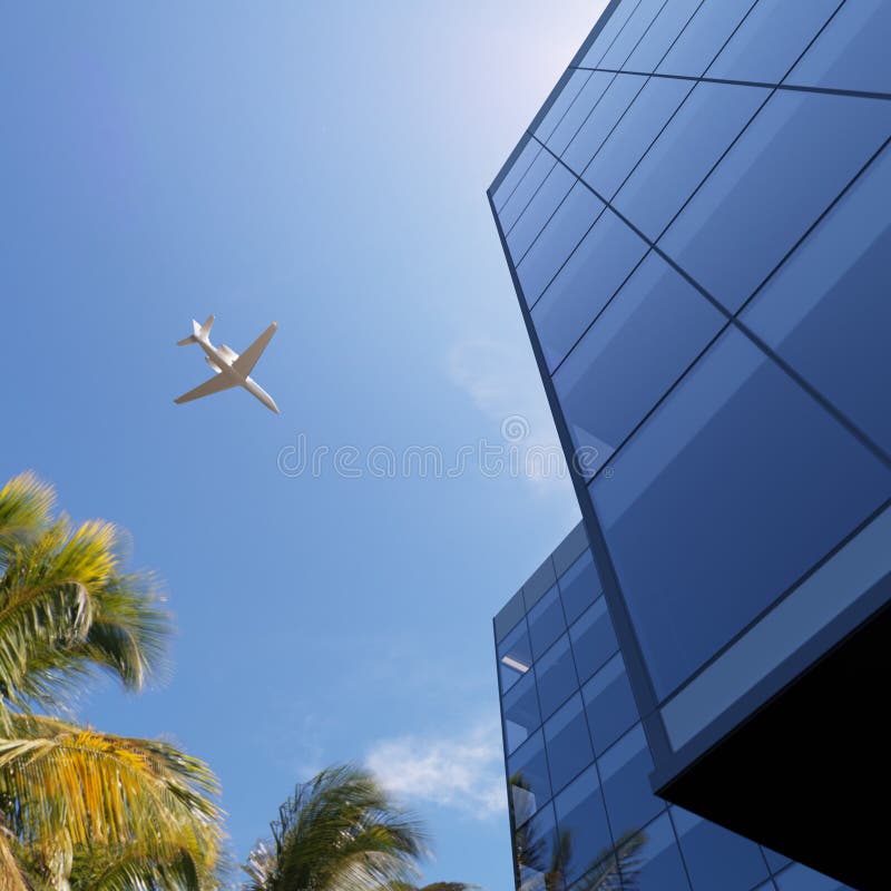Airplane Over Office Building Stock Image - Image of reflection ...