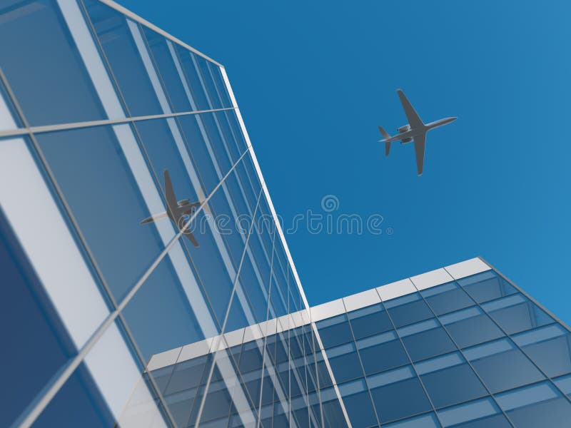 Airplane Over Office Building Stock Image - Image of reflection ...
