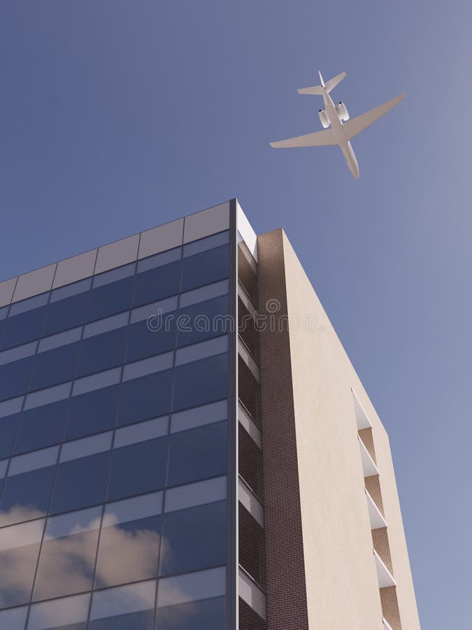 Airplane Over Office Building Stock Photo - Image of city, concept ...