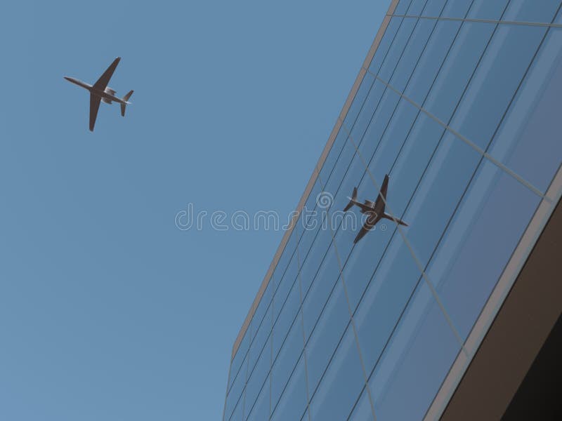 Airplane Over Office Building Stock Image - Image of reflection ...