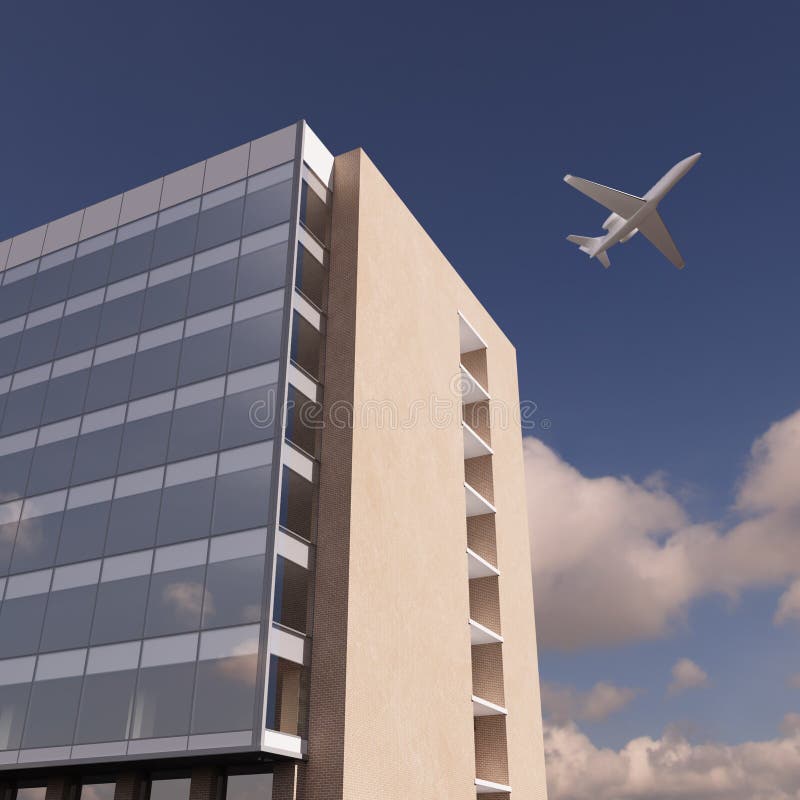 Airplane Over Office Building Stock Image - Image of render, abstract ...