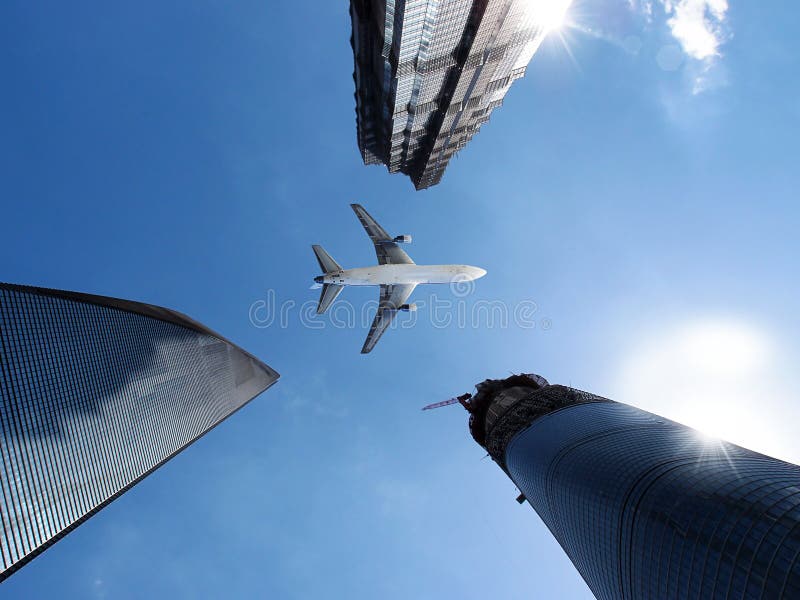 Airplane Over Office Buildings. Stock Photo - Image of land, blue: 33553954
