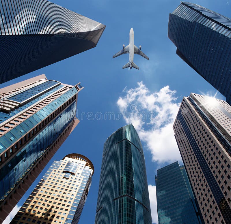 Airplane Over Office Buildings. Stock Image - Image of aircraft, boeing ...