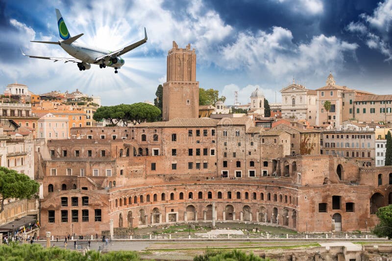 Airplane Overflying Imperial Forums in Rome Stock Photo - Image of ...