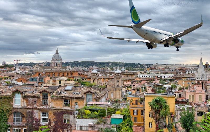 Airplane Overflying Rome Skyline Stock Photo - Image of panorama ...