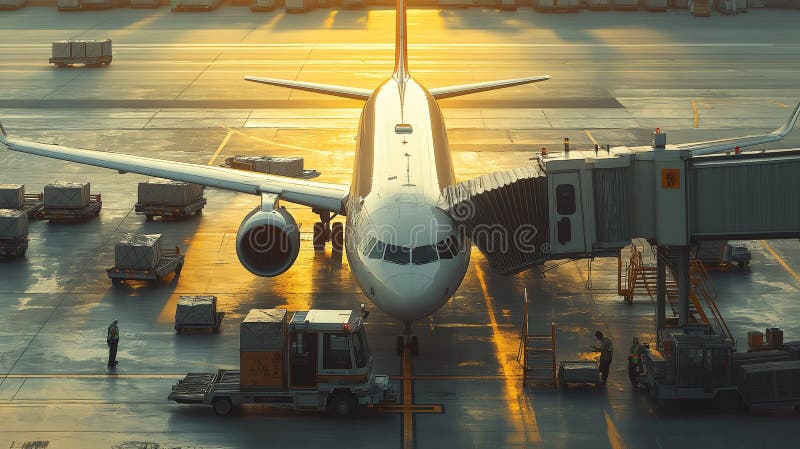 Airplane Parked at a Terminal Gate, Surrounded by Cargo Vehicles Stock ...