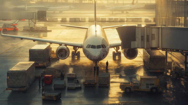 Airplane Parked at a Terminal Gate, Surrounded by Cargo Vehicles Stock ...