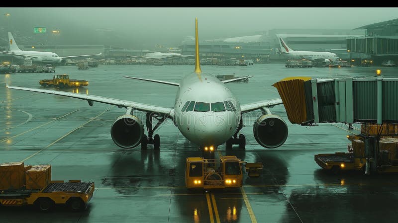 Airplane Parked at a Terminal Gate, Surrounded by Cargo Vehicles Stock ...