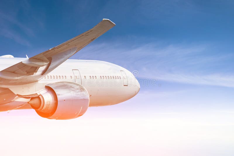 Airplane Performs Fly at Flight Level. View of the Engine Wing Stock ...