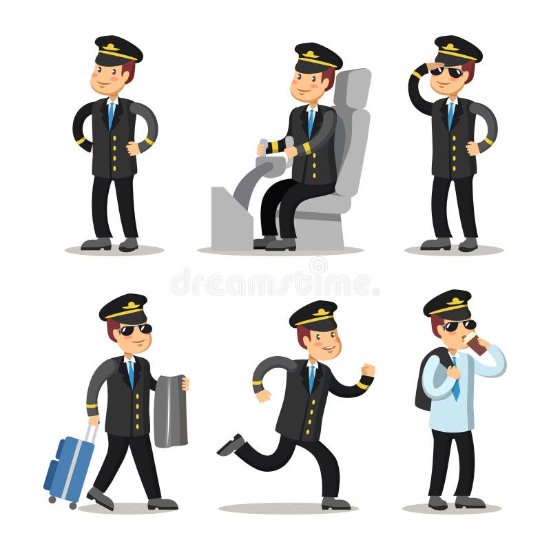 Airplane Pilot Cartoon Character Set. Aircraft Captain in Uniform Stock ...