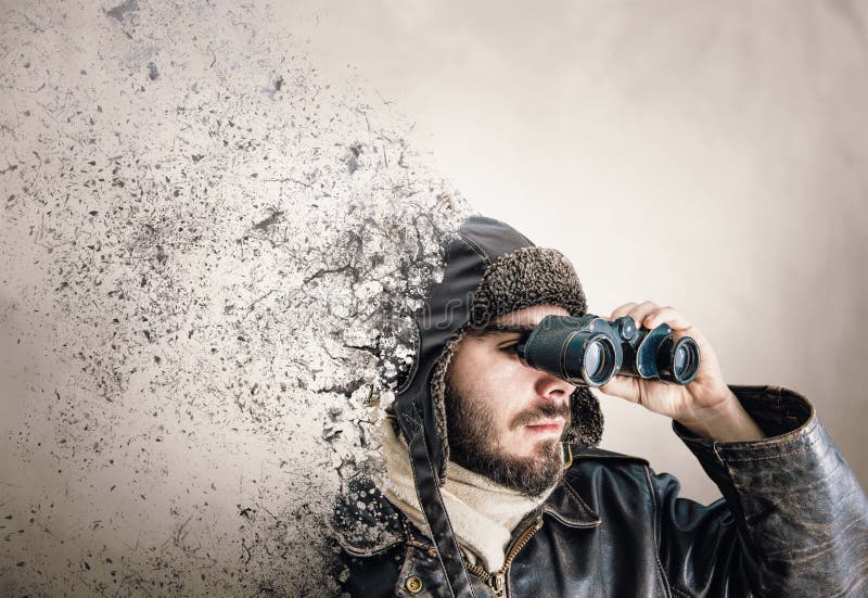 Airplane Pilot Looking through Binoculars and Dissolves Stock Photo ...