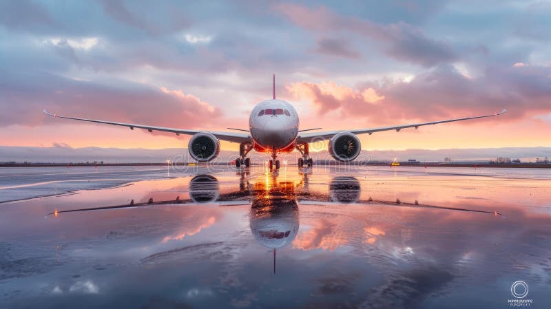 Airplane Positioned on a Runway during a Colorful Sunrise with ...