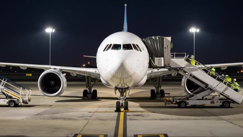 Airplane Preparation at Night with Cargo Loading and Ground Support ...