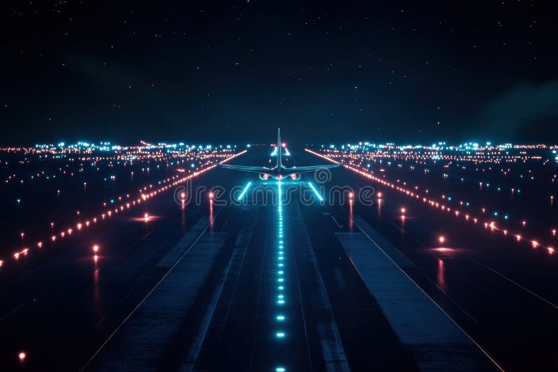 Airplane Prepares for Takeoff on Illuminated Runway Surrounded by ...