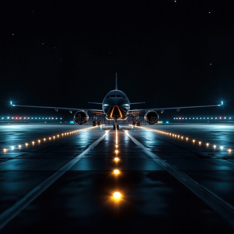 Airplane Preparing for Takeoff on Illuminated Runway with Navigation ...