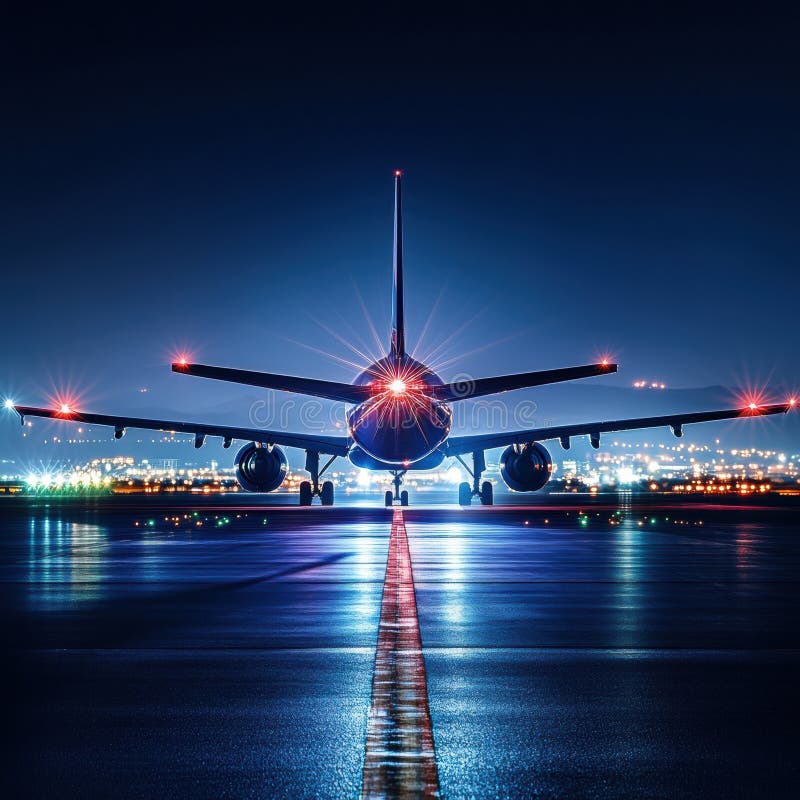 Airplane Preparing Takeoff Illuminated Runway Night Surrounded Vibrant ...