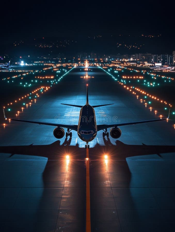 Airplane Preparing Departure Illuminated Runway Navigation Lights Night ...