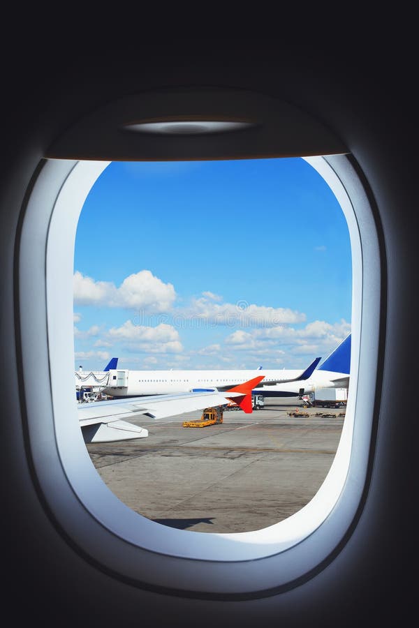Airplane Preparing To Flight, View from Aircraft Window Stock Image ...
