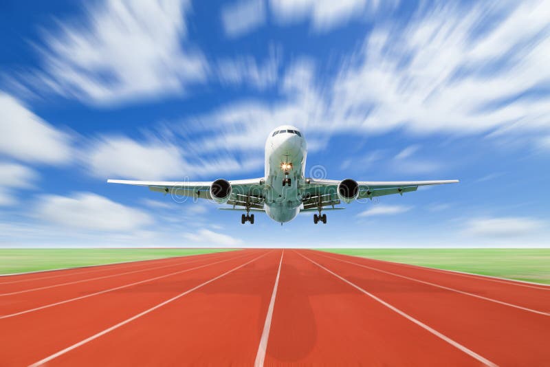 Airplane and Running Track with Green Grass and Blue Sky White C Stock ...