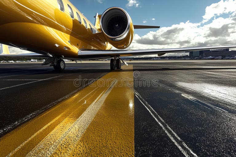 An Airplane on the Runway with Bright Yellow Traffic Lines Marking the ...