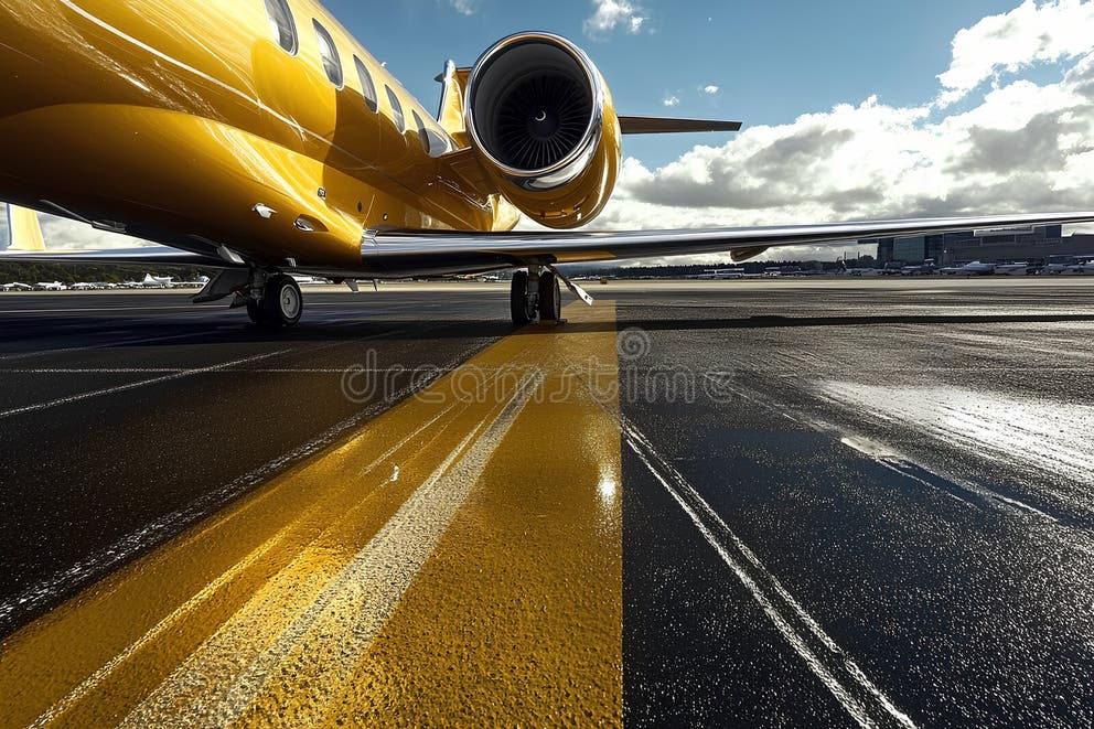 An Airplane on the Runway with Bright Yellow Traffic Lines Marking the ...