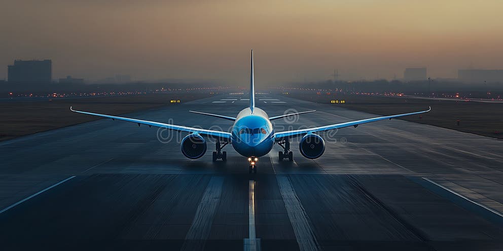 Airplane on Runway at Dawn Dramatic Aerial Perspective Stock ...