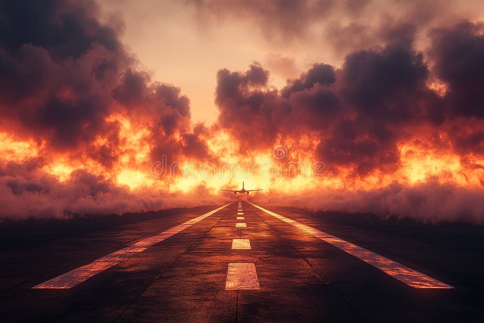 Airplane Silhouette on Runway with Dramatic Clouds and Intense Warm ...