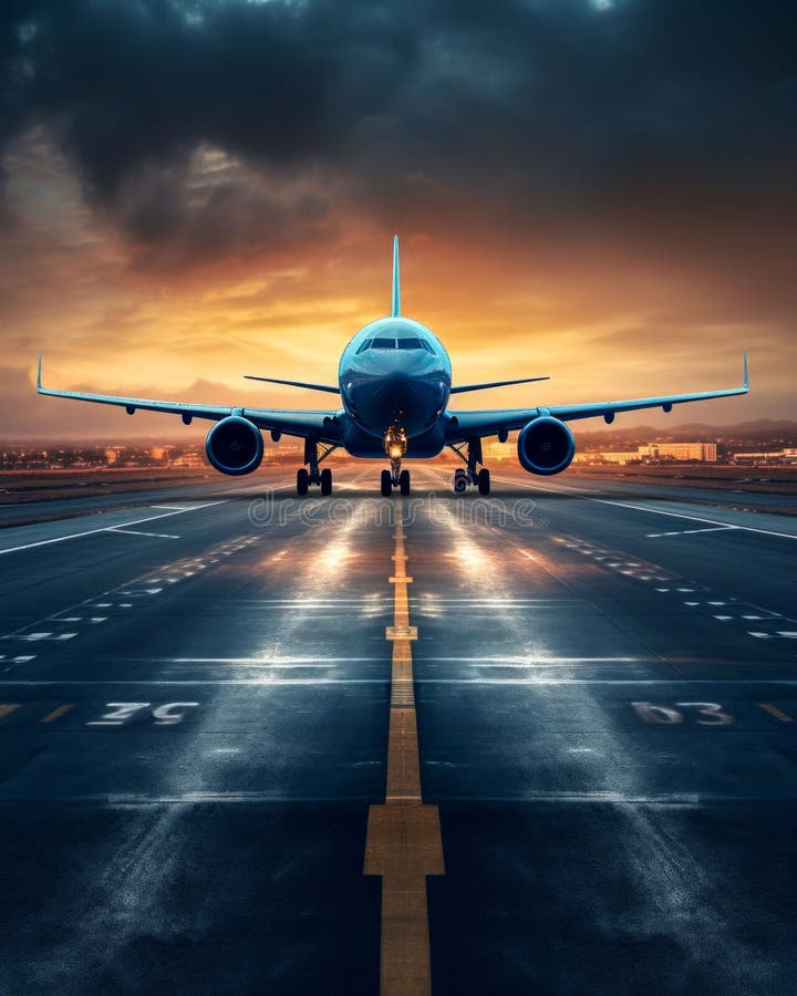Airplane on Runway at Dramatic Sunset. Generative Ai Stock Illustration ...