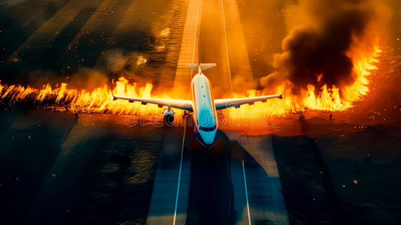 Airplane is on Runway with Lot of Fire in the Background. Generative AI ...