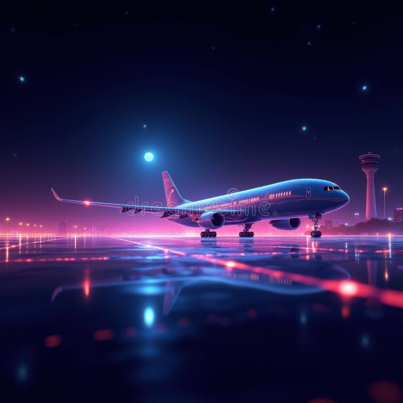 Airplane on Runway at Night Stock Illustration - Illustration of city ...