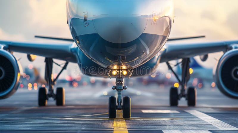 An Airplane on the Runway, Ready for Takeoff, with a Focus on the Front ...