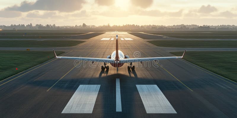 Airplane on Runway: Rear View of a Plane Ready for Takeoff at Sunrise ...
