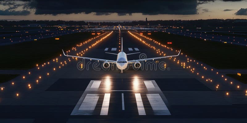 Airplane on Runway: Rear View of a Plane Ready for Takeoff at Sunrise ...