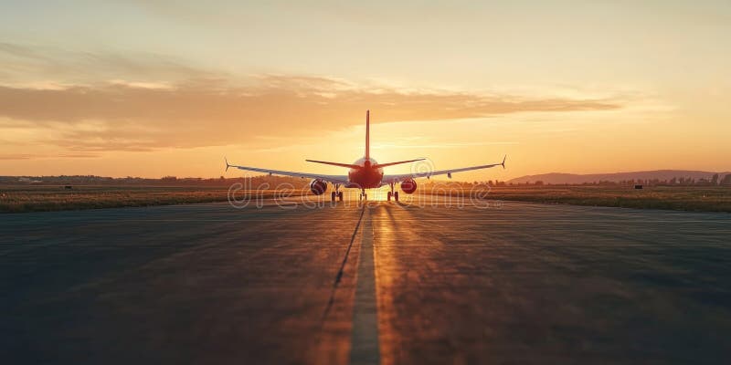 Airplane on Runway: Rear View of a Plane Ready for Takeoff at Sunrise ...