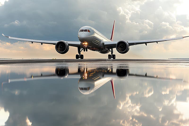 Airplane on the Runway with Reflection in the Water at Sunset. Stock ...