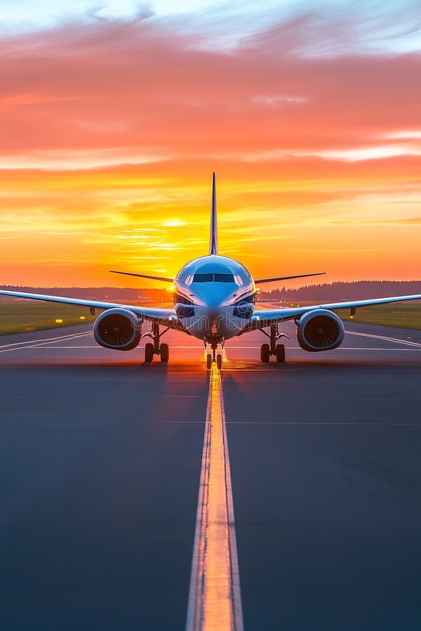 Airplane on Runway at Sunrise with Vibrant Orange and Pink Sky Stock ...
