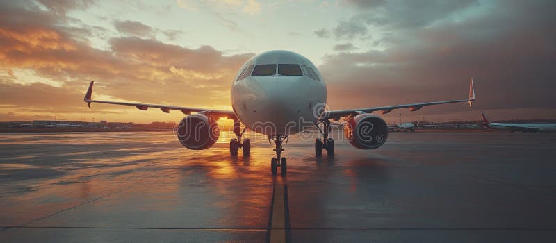 Airplane on Runway at Sunset Stock Photo - Image of transportation ...