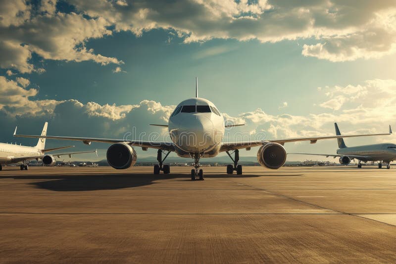 Airplane on Runway at Sunset with Dramatic Clouds in the Background ...