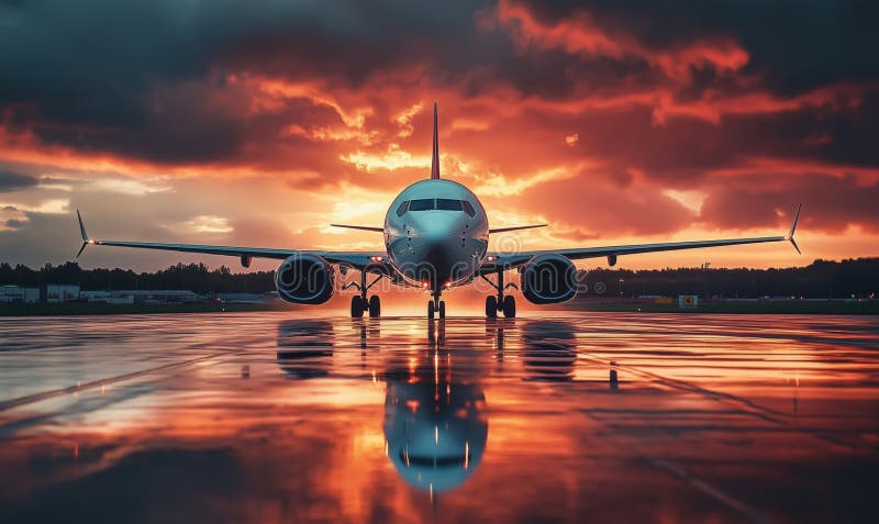 Airplane on Runway during Sunset with Dramatic Clouds and Reflections ...
