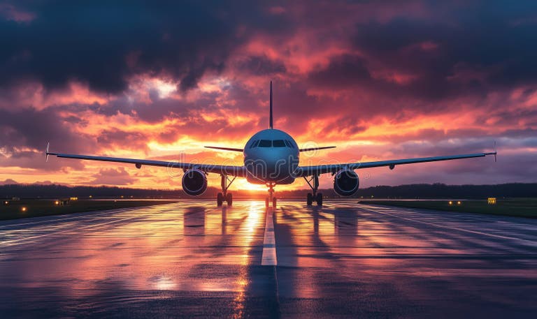 Airplane on Runway during Sunset with Dramatic Clouds and Reflections ...
