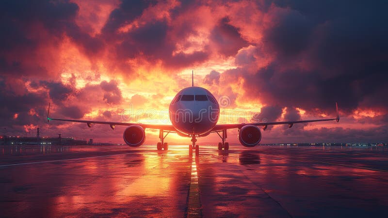 Airplane on Runway at Sunset, Dramatic Sky. Stock Illustration ...