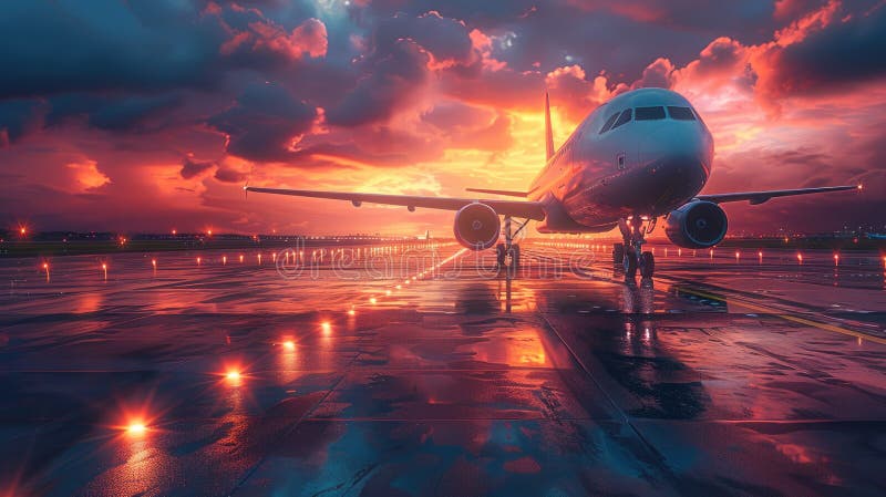Airplane on Runway at Sunset with Dramatic Sky and Reflections in Wet ...