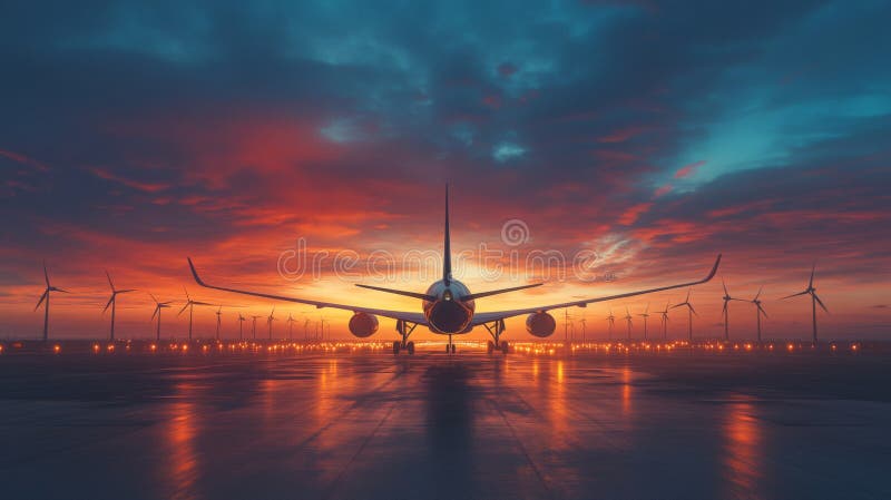 Airplane on Runway at Sunset with Wind Turbines Stock Illustration ...