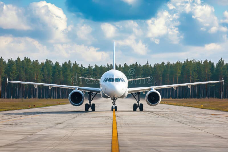 Airplane on Runway, Surrounded by Forest, Clear Sky, Daytime Stock ...