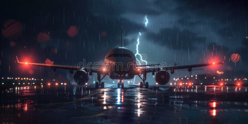 Airplane on Runway during a Thunderstorm. Created by Generative ...