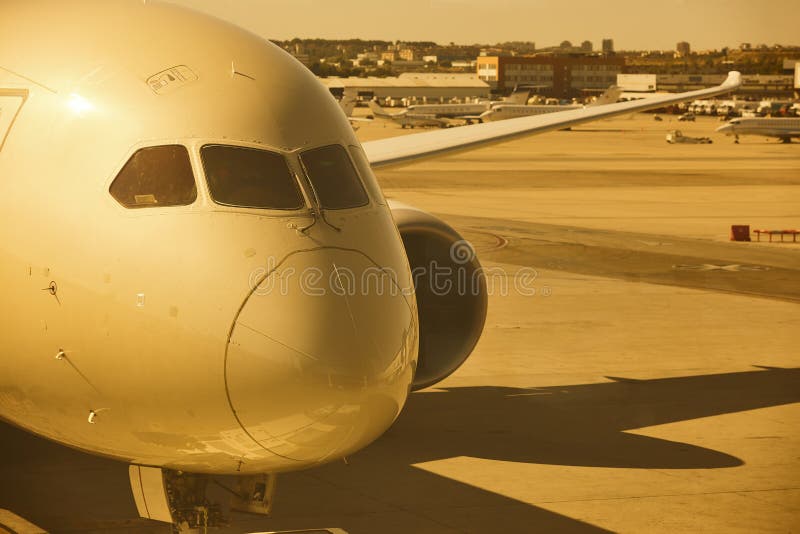 Airplane in the Runway. Transportation and Tourism Industry Stock Photo ...